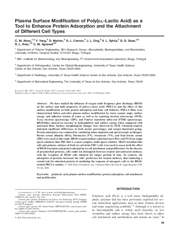 (PDF) Plasma surface modification of poly(D,L-lactic acid) as a tool to enhance protein ...