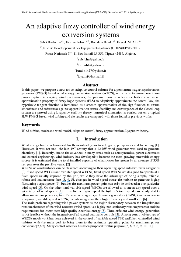 (PDF) An adaptive fuzzy controller of wind energy conversion systems