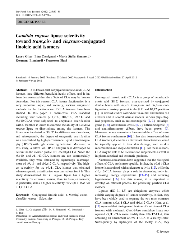 (PDF) Candida rugosa lipase selectivity toward trans,cis- and cis,trans ...