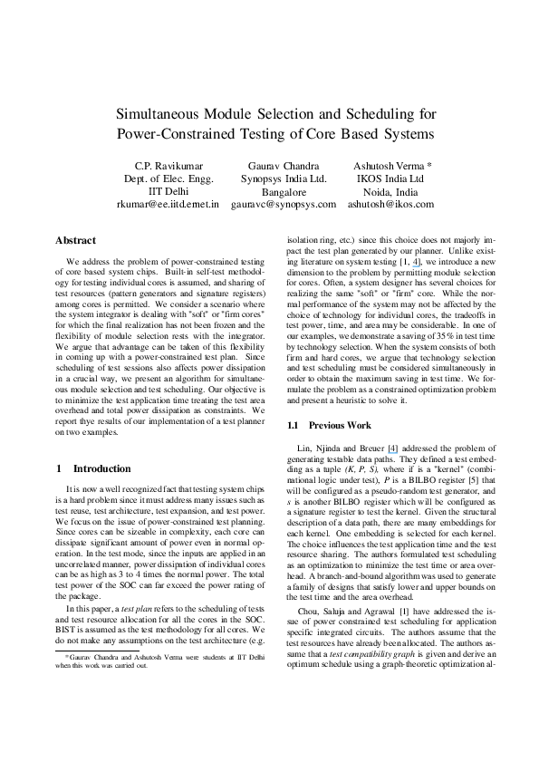 Pdf Simultaneous Module Selection And Scheduling For Power Constrained Testing Of Core Based