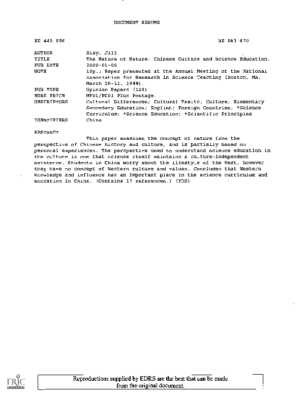 (PDF) The Nature of Nature: Chinese Culture and Science Education