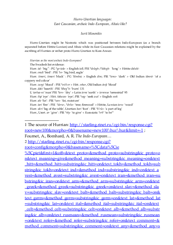 (DOC) Hurrian-Urartian languages: East Caucasian, archaic Indo-European ...