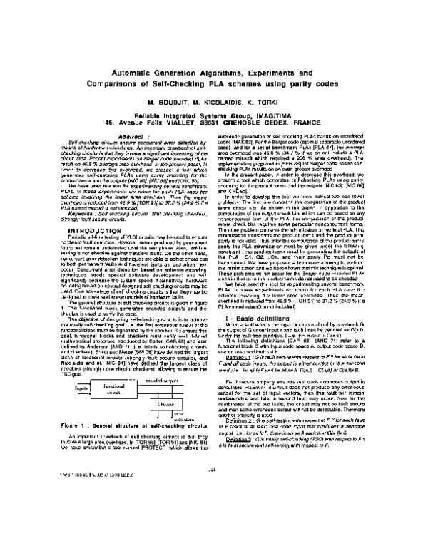 Automatic generation algorithms, experiments and comparisons of self-checking PLA schemes using ...