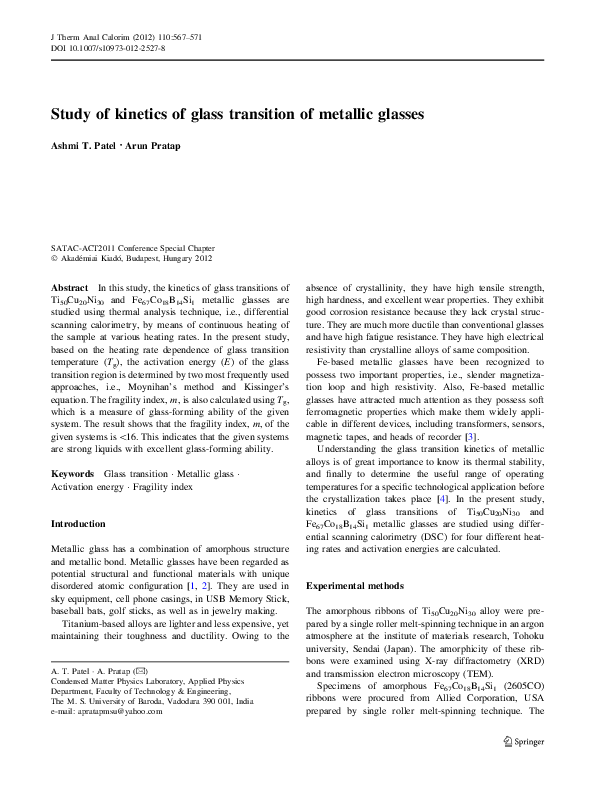 (PDF) Study of kinetics of glass transition of metallic glasses