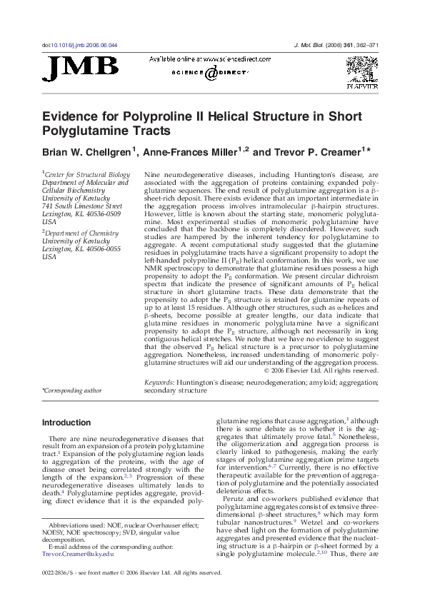Pdf Evidence For Polyproline Ii Helical Structure In Short Polyglutamine Tracts Trevor