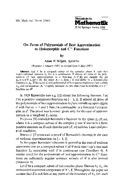 Pdf On Zeros Of Polynomials Of Best Approximation To Holomorphic And C ∞ Functions