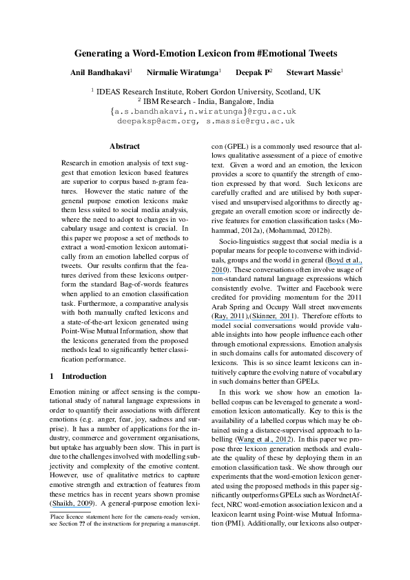 (PDF) Generating a Word-Emotion Lexicon from #Emotional Tweets