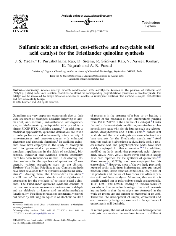 (PDF) Sulfamic Acid: An Efficient, Cost-Effective and Recyclable Solid Acid Catalyst for the ...