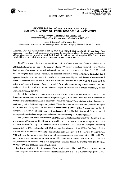 (PDF) Synthesis of novel taxol analogs and evaluation of their biological activities | Srinivasa ...