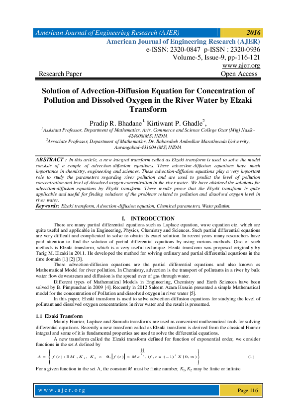 Pdf Solution Of Advection Diffusion Equation For Concentration Of Pollution And Dissolved