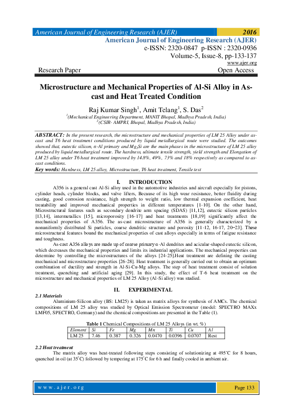 (PDF) Microstructure and Mechanical Properties of Al-Si Alloy in As- cast and Heat Treated Condition