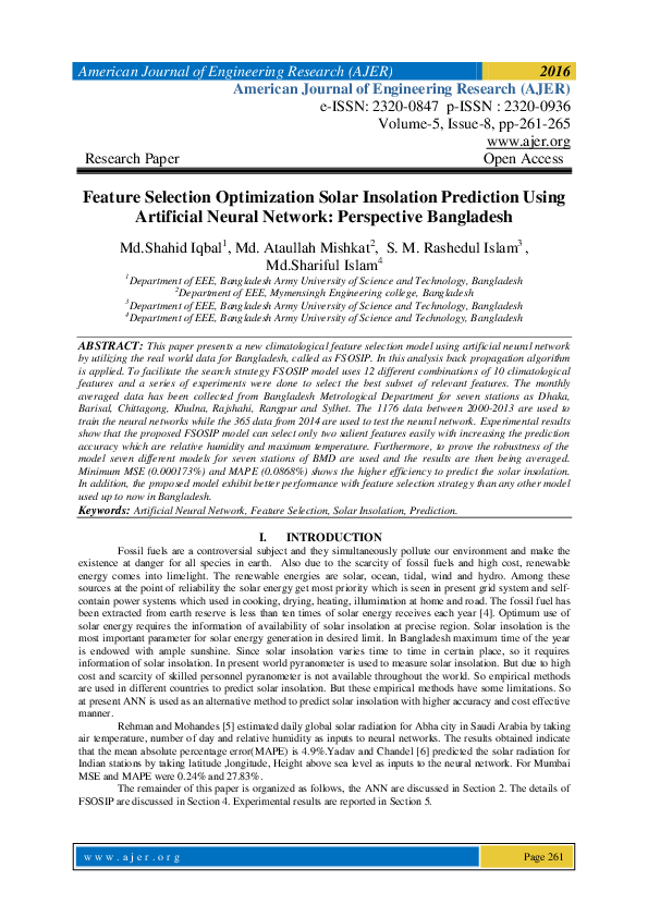 (PDF) Feature Selection Optimization Solar Insolation Prediction Using Artificial Neural Network ...