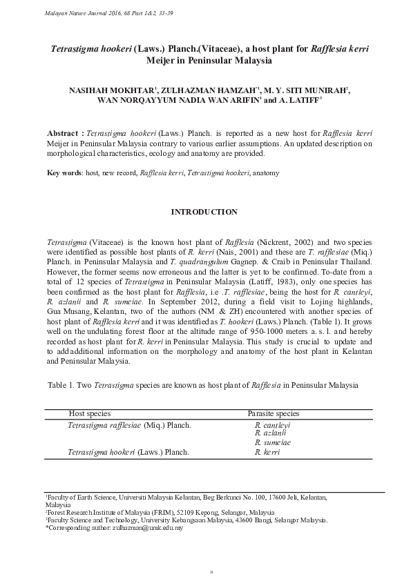 (PDF) Tetrastigma hookeri (Laws.) Planch.(Vitaceae), a host plant for ...