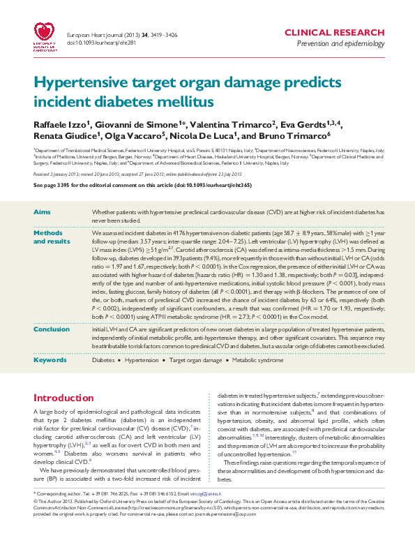 (PDF) Hypertensive target organ damage predicts incident diabetes mellitus