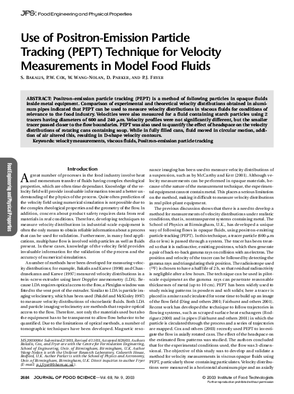 (PDF) Use of Positron-Emission Particle Tracking (PEPT) Technique for Velocity Measurements in ...