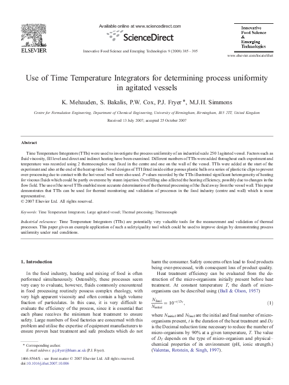 (PDF) Use of Time Temperature Integrators for determining process ...