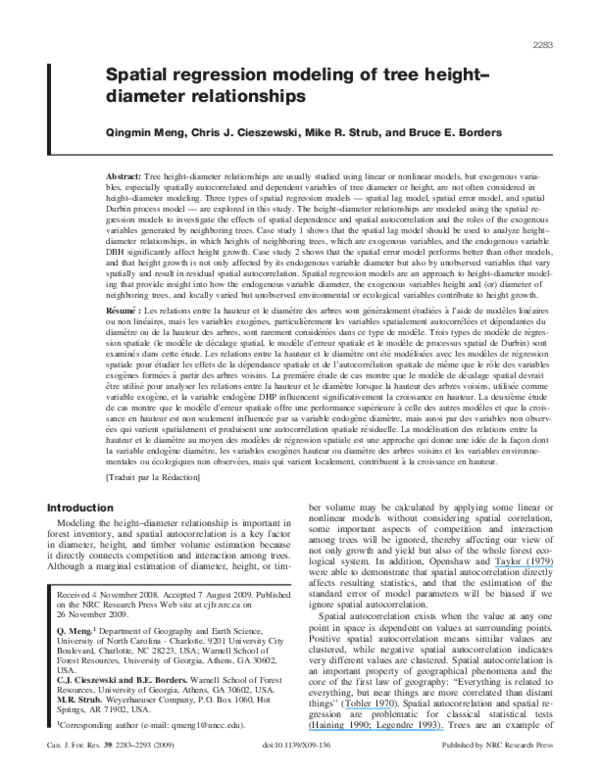 Pdf Spatial Regression Modeling Of Tree Heightdiameter Relationships