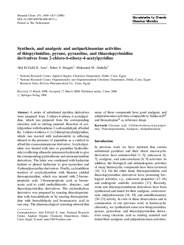 (PDF) Synthesis, and analgesic and antiparkinsonian activities of ...