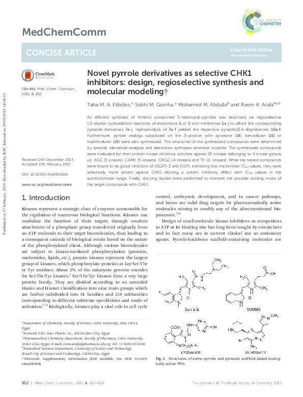 (PDF) Novel pyrrole derivatives as selective CHK1 inhibitors: design, regioselective synthesis ...