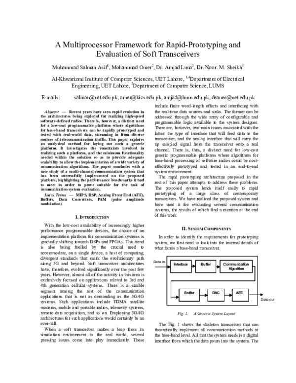 Pdf A Multiprocessor Framework For Rapid Prototyping And Evaluation Of Soft Transceivers