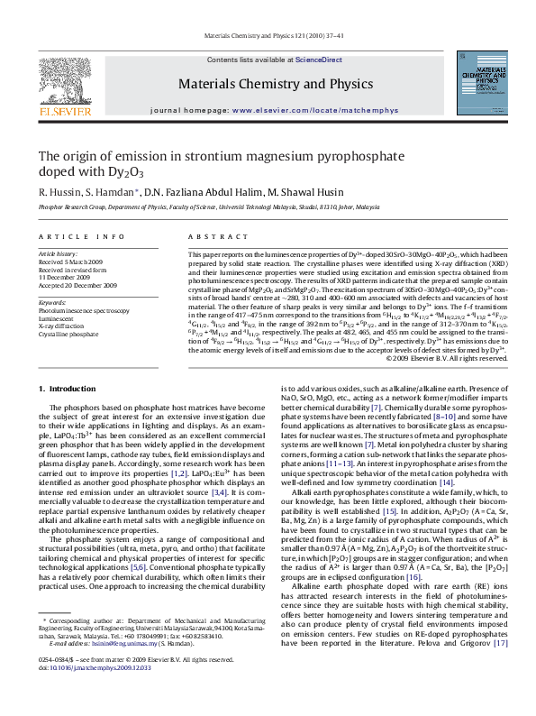 (PDF) The origin of emission in strontium magnesium pyrophosphate doped ...