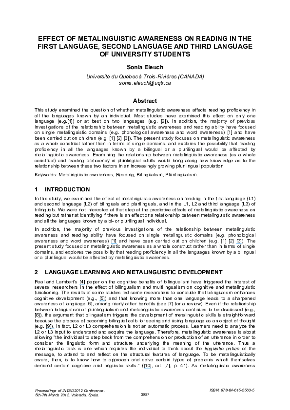 Pdf Effect Of Metalinguistic Awareness On Reading In The First Language Second Language And