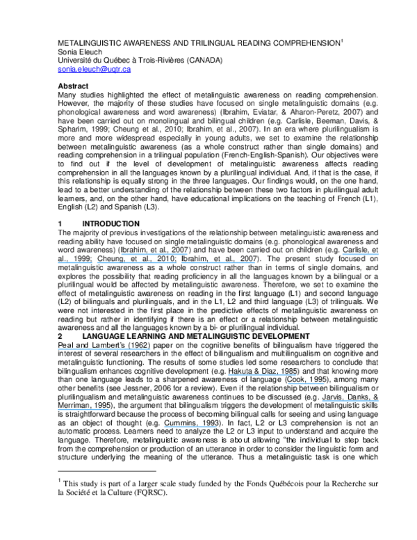 Pdf Metalinguistic Awareness And Trilingual Reading Comprehension