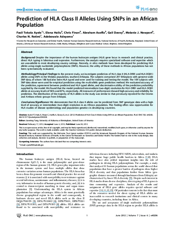 (PDF) Prediction of HLA class II alleles using SNPs in an African population