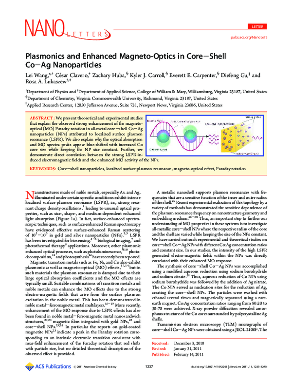 (PDF) Plasmonics and Enhanced Magneto-Optics in Core-Shell Co-Ag Nanoparticles