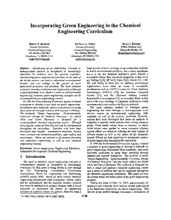 (PDF) Incorporating green engineering in the chemical engineering ...