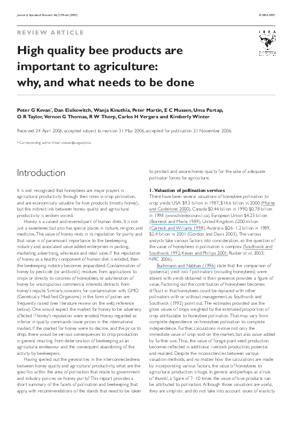(PDF) High quality bee products are important to agriculture: why, and ...