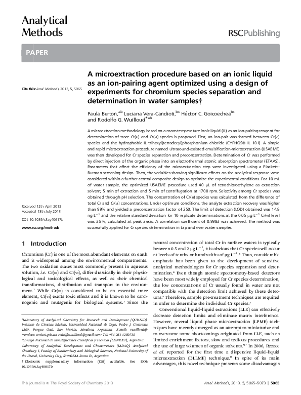 Pdf A Microextraction Procedure Based On An Ionic Liquid As An Ion Pairing Agent Optimized