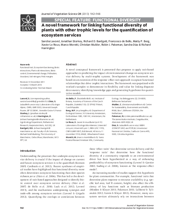 (PDF) A novel framework for linking functional diversity of plants with other trophic levels for ...