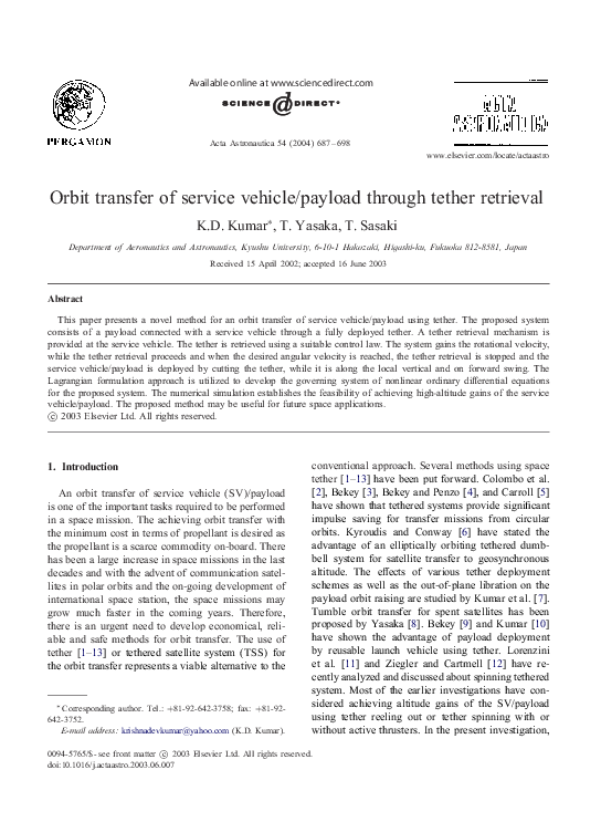 (PDF) Orbit transfer of service vehicle/payload through tether retrieval