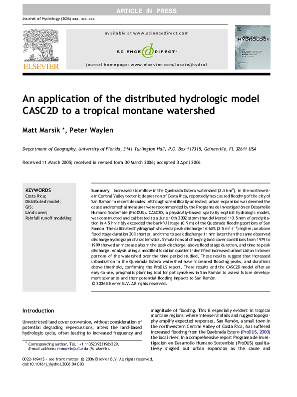 (PDF) An application of the distributed hydrologic model CASC2D to a tropical montane watershed