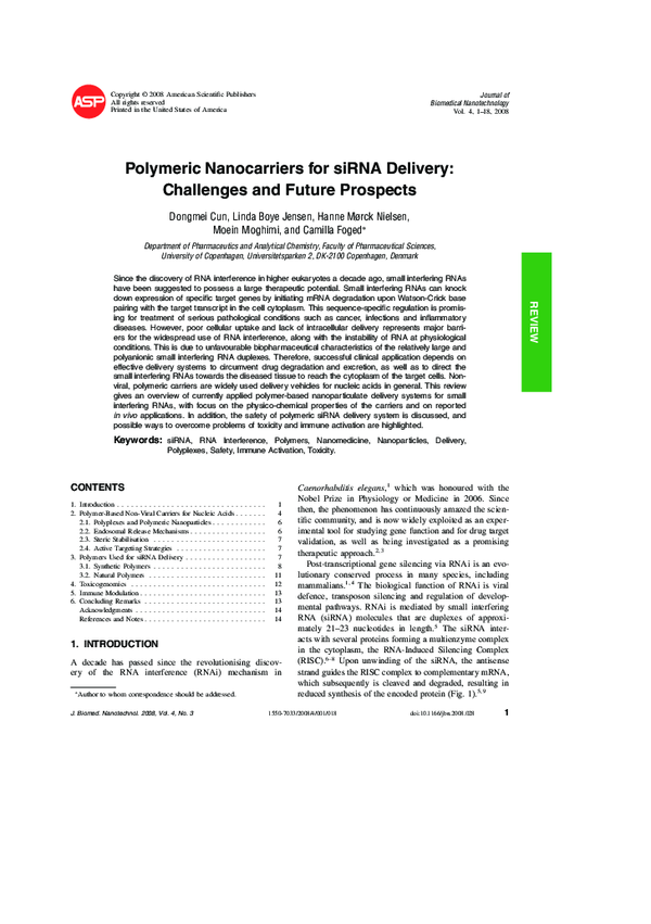 (PDF) Polymeric Nanocarriers for siRNA Delivery: Challenges and Future ...