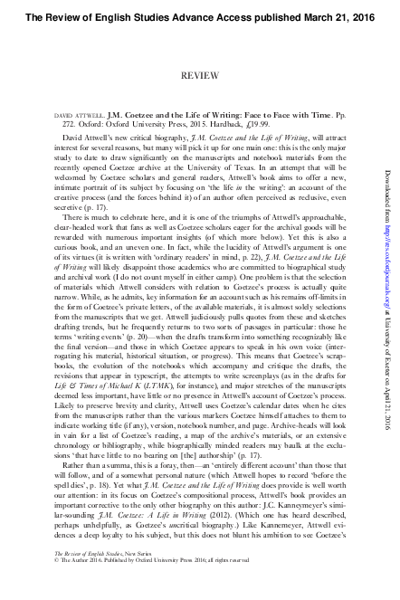 (PDF) 'Attwell, David. J.M. Coetzee and the Life of Writing: Face to ...