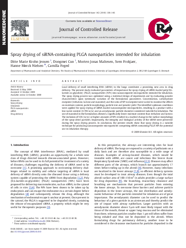 (PDF) Spray drying of siRNA-containing PLGA nanoparticles intended for ...