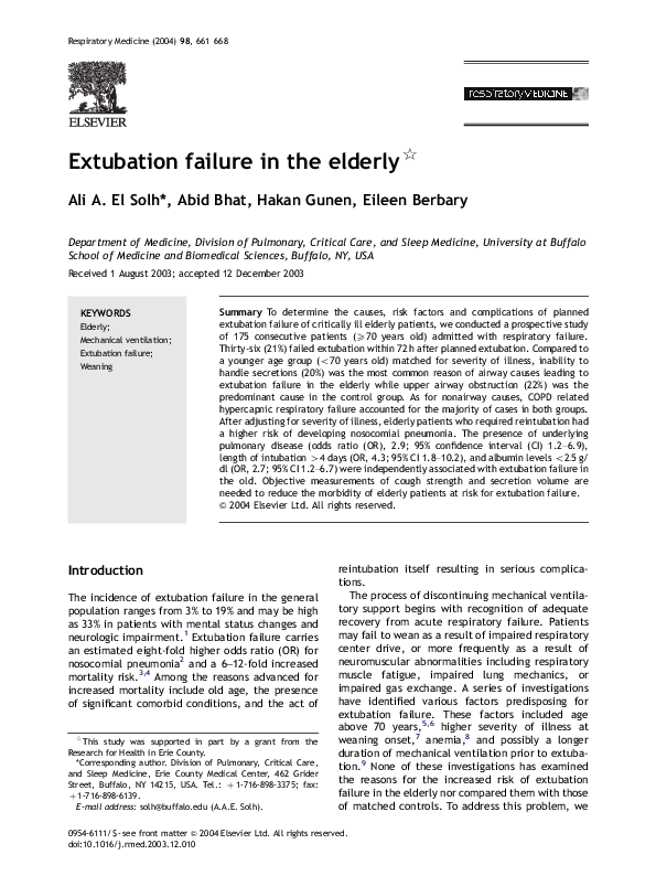(PDF) Extubation failure in the elderly