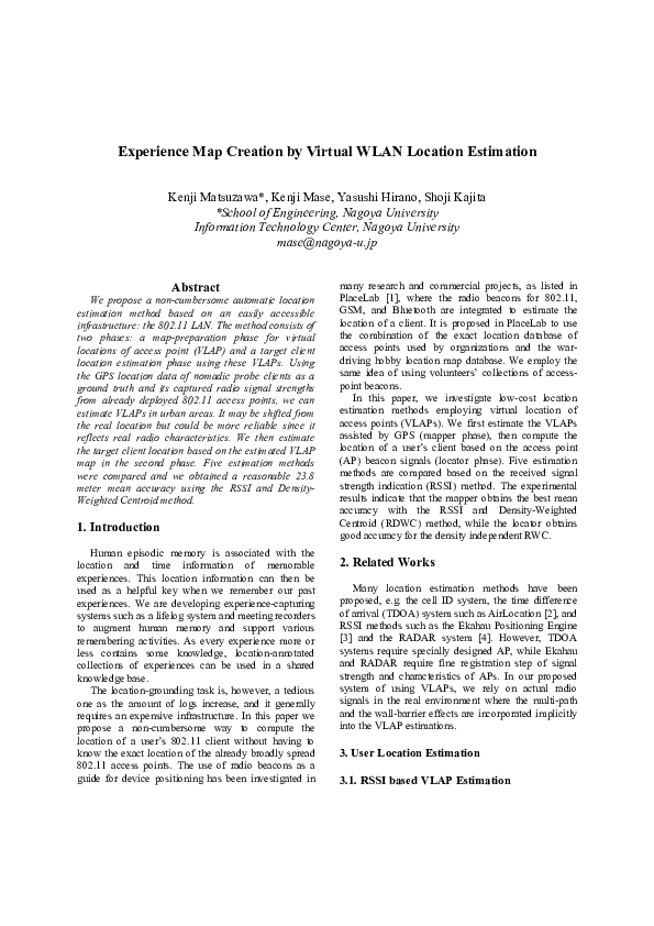 (PDF) Experience Map Creation by Virtual WLAN Location Estimation