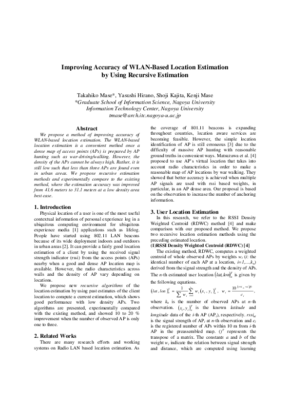 (PDF) Improving Accuracy of WLAN-Based Location Estimation by Recursive Estimation