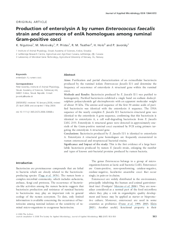 (PDF) Production of enterolysin A by rumen Enterococcus faecalis strain ...