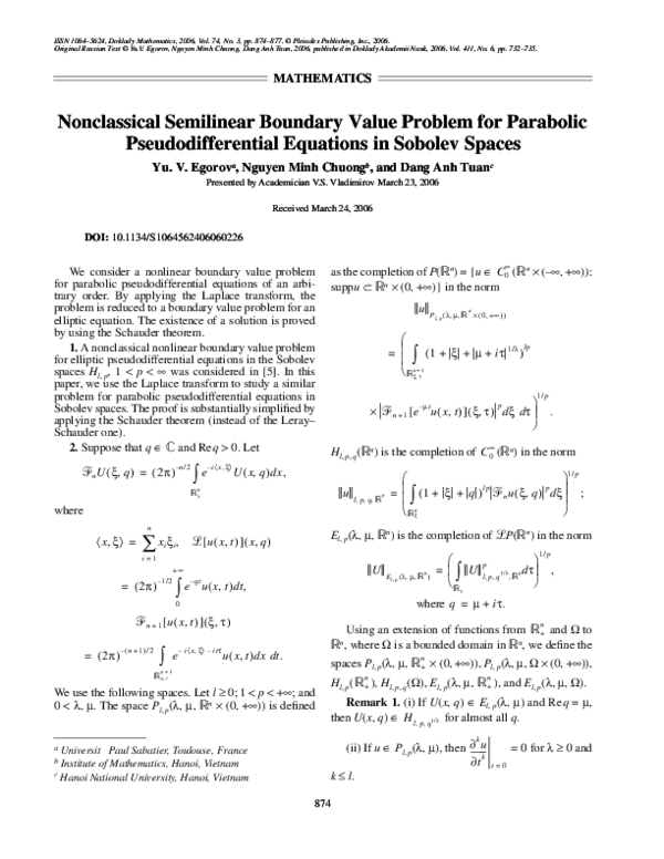 Pdf Nonclassical Semilinear Boundary Value Problem For Parabolic Pseudodifferential Equations