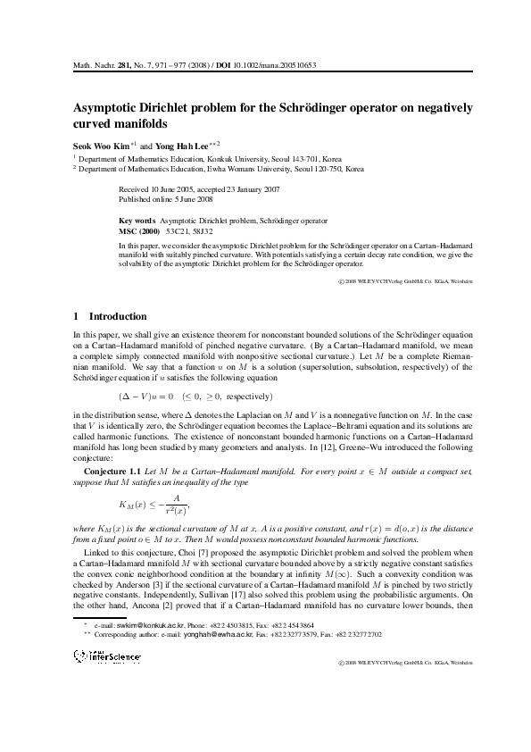 (PDF) Asymptotic Dirichlet problem for the Schrödinger operator on negatively curved manifolds