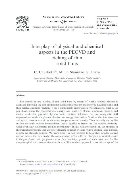 (PDF) Interplay of physical and chemical aspects in the PECVD and etching of thin solid films