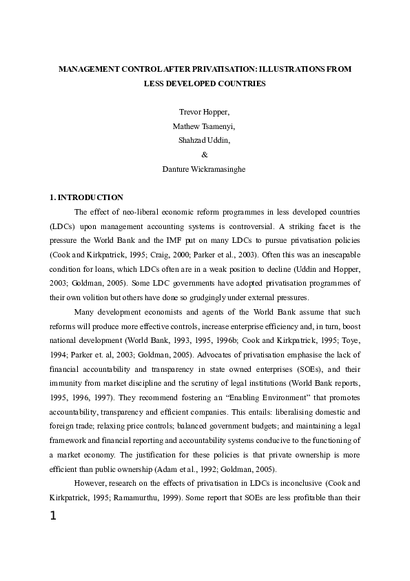 (DOC) MANAGEMENT CONTROL AFTER PRIVATISATION: ILLUSTRATIONS FROM LESS ...