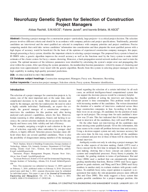 (PDF) Neurofuzzy Genetic System for Selection of Construction Project Managers