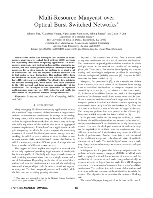 (PDF) Optimizing Manycast in Optical Burst Networks
