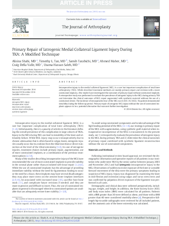 (PDF) Primary Repair of the Iatrogenic Injury of The Medial Collateral ...