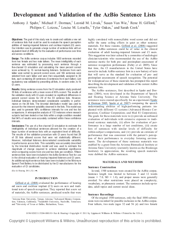 (PDF) Development and Validation of the AzBio Sentence Lists | Louise ...